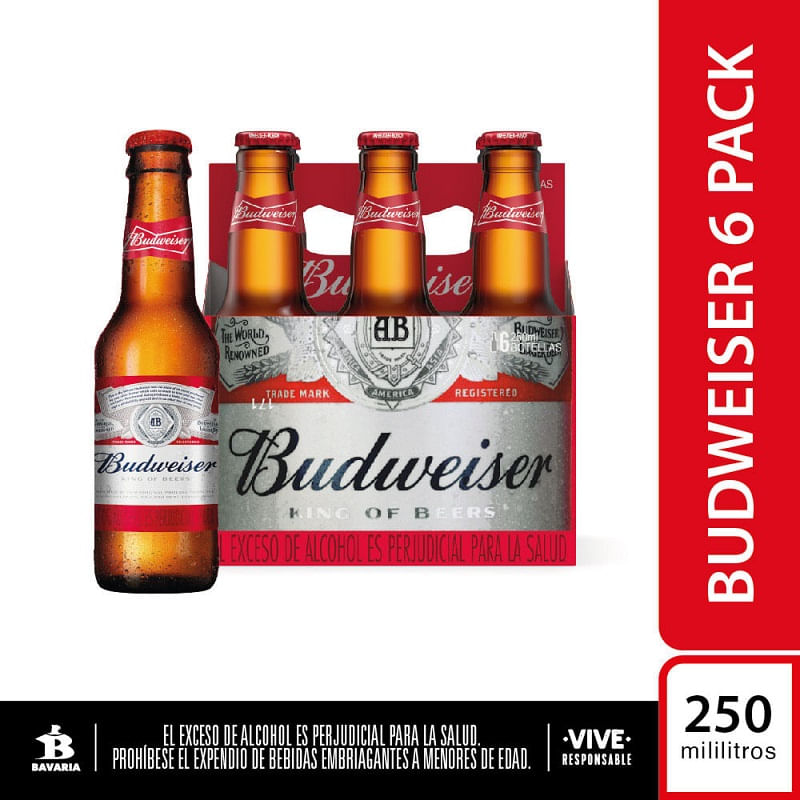 Cerveza Budweiser Botella 6 unds x 250 ml c/u - Supermercado Megatiendas