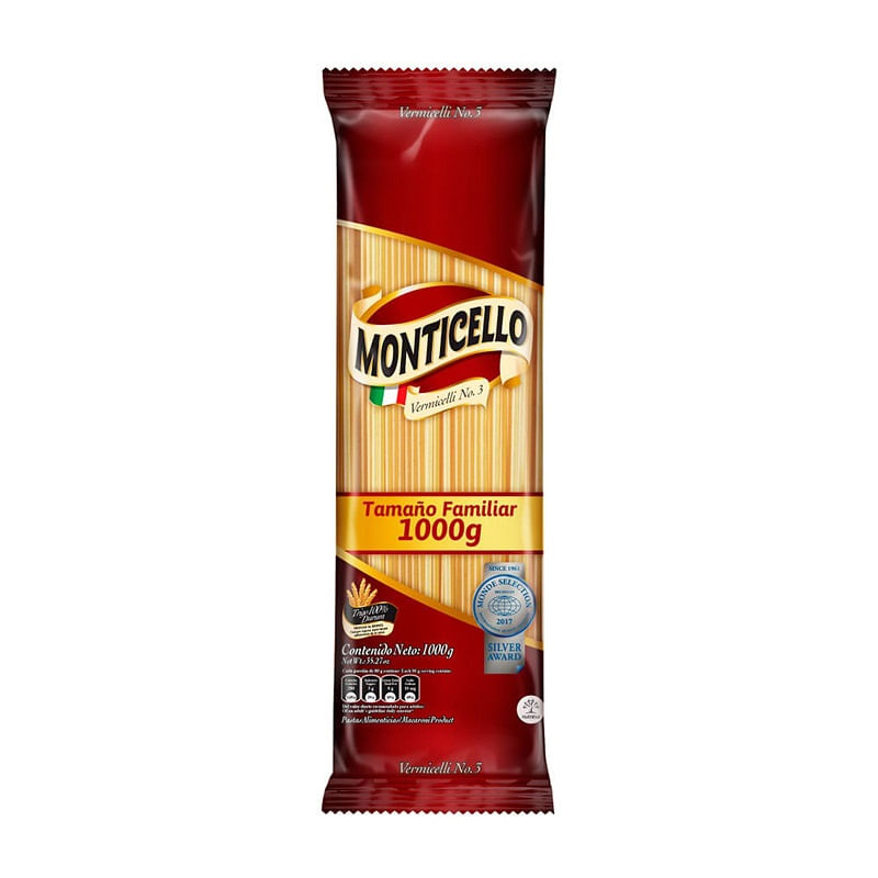 Pasta Monticello Vermicelli No.3 x 1000 g - Supermercado Megatiendas